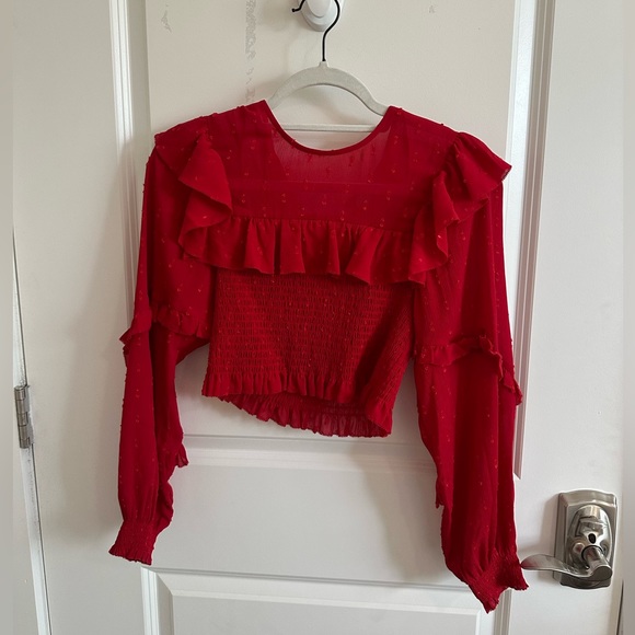 Planet Blue | Tops | Red Blouse With Ruffles And Texture | Poshmark